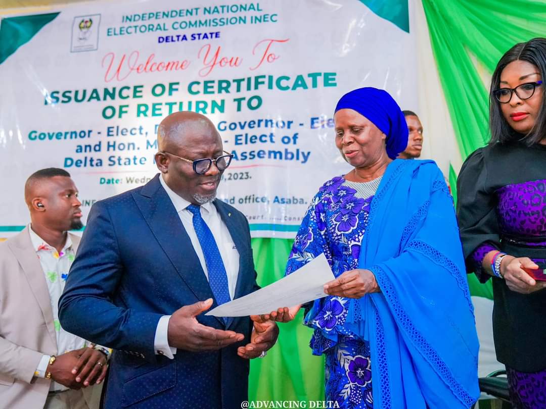 Read what Oborevwori said after receiving certificate of return at Asaba INEC headquarters